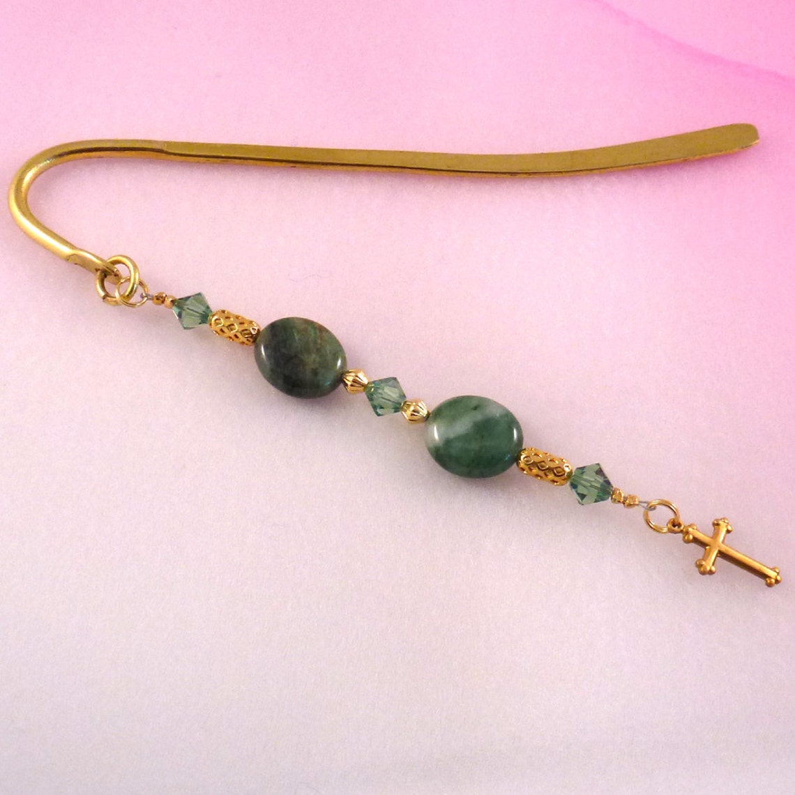 Green African Jade Beaded Bookmark With Brass Cross Swarovski - Etsy