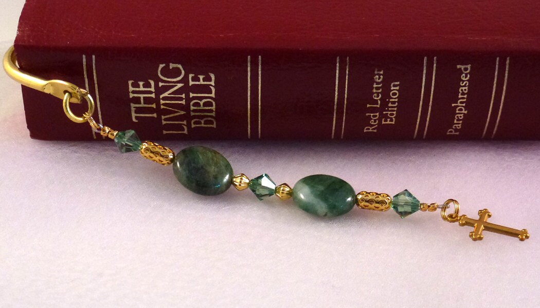 Green African Jade Beaded Bookmark With Brass Cross Swarovski - Etsy