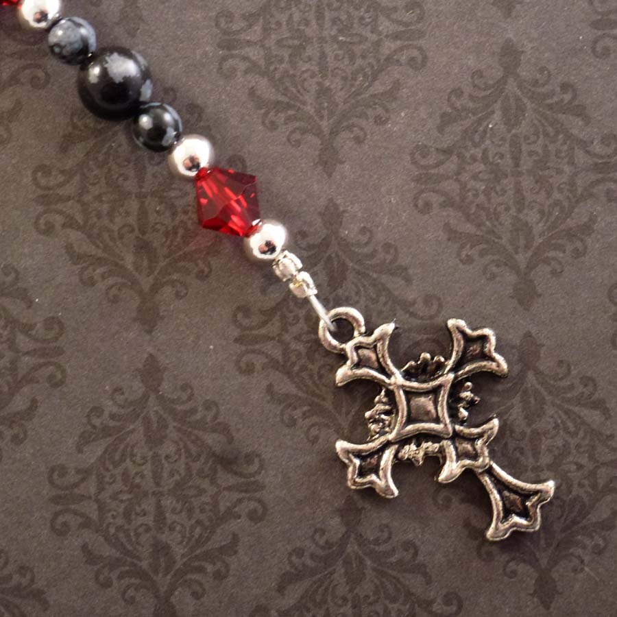 Christian Cross Bookmark, Obsidian Gemstone and Swarovski Crystal ...