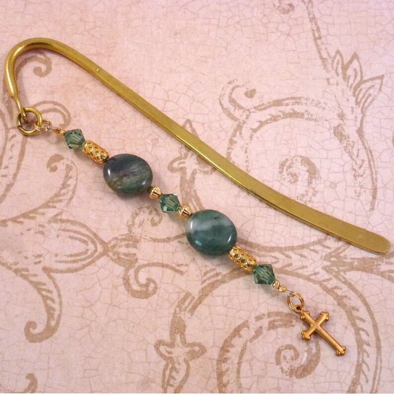 Green African Jade Beaded Bookmark With Brass Cross Swarovski - Etsy