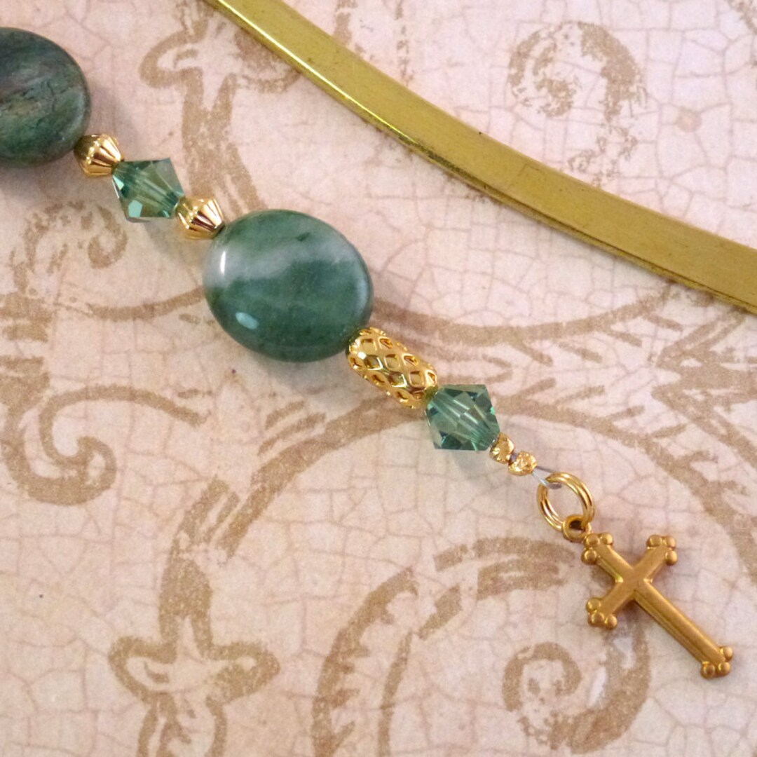 Green African Jade Beaded Bookmark With Brass Cross Swarovski - Etsy