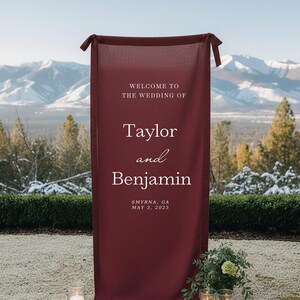 Burgundy Linen Wedding Welcome Sign, Fabric Ceremony Banner, Elegant ...