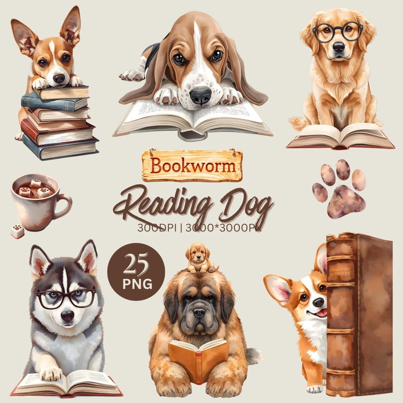 24 Watercolor Reading Dog Clipart Cute Bookish Puppy Pngs Book Lover ...