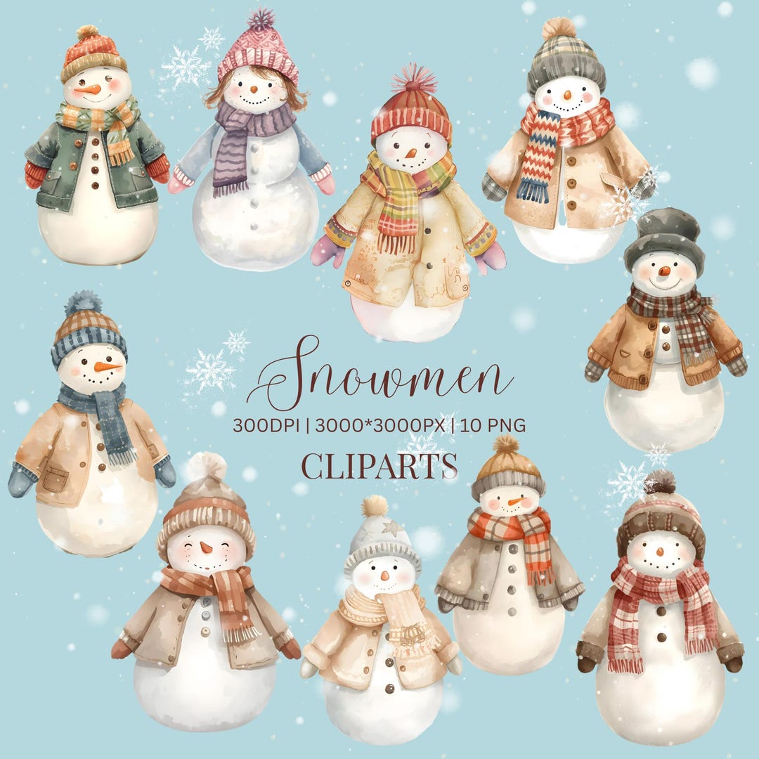 Winter Snowmen Clipart: 10 Watercolor Digital Graphics - Etsy