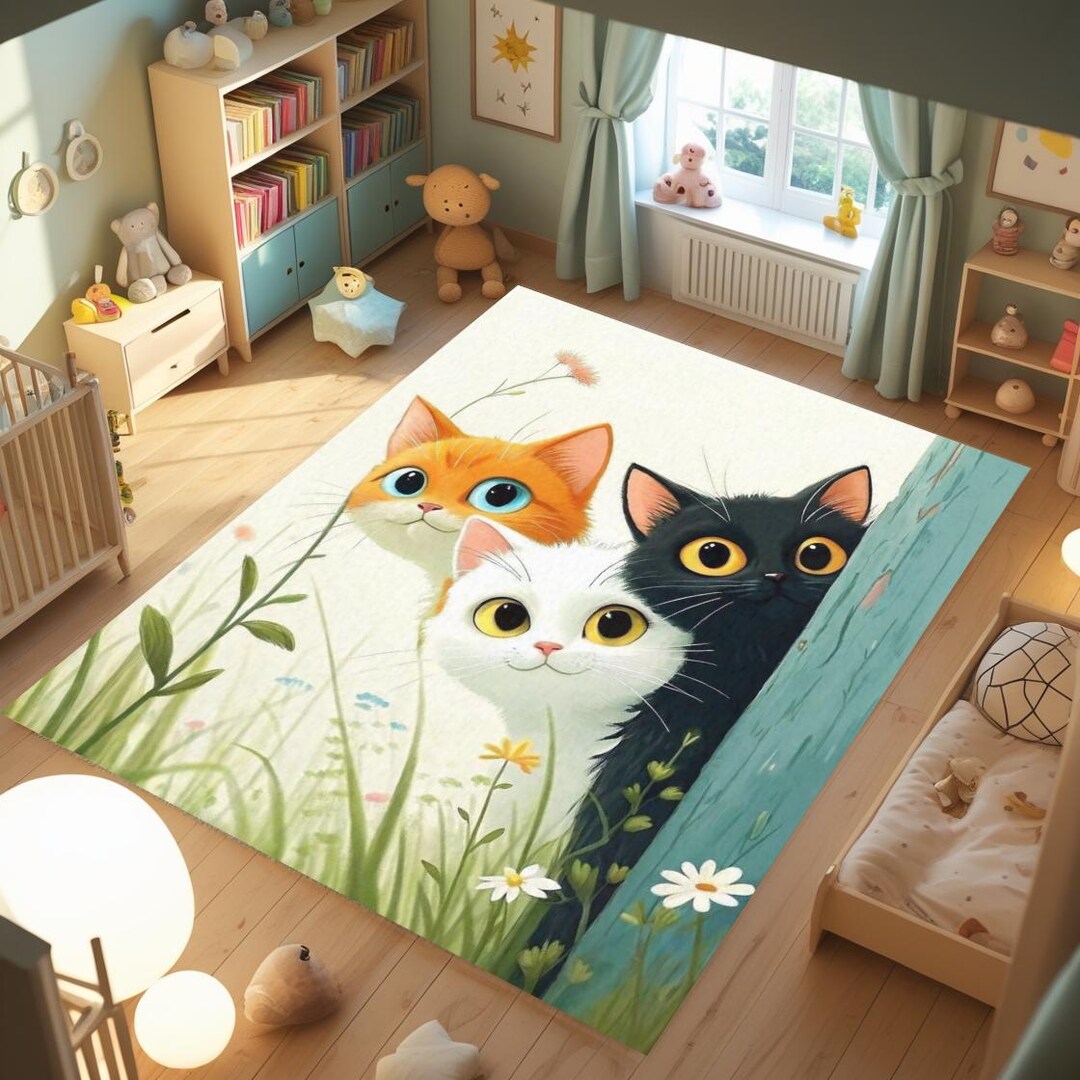 Cute Three Cats Rug , Adorable Kitty Trio Carpet , Washable Non-slip ...
