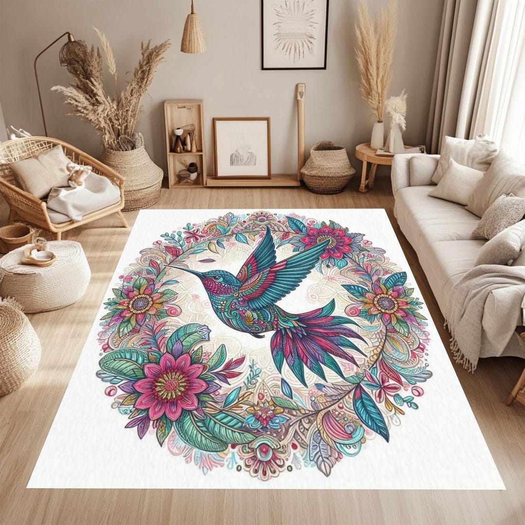 Hummingbird Floral Mandala Rug , Colorful Nature Inspired Area Rug ...