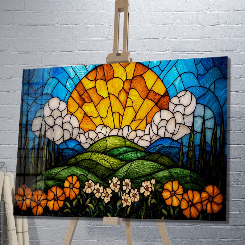 Stained Glass Style Sunrise Tempered Glass Wall Art – Panoramic Nature ...
