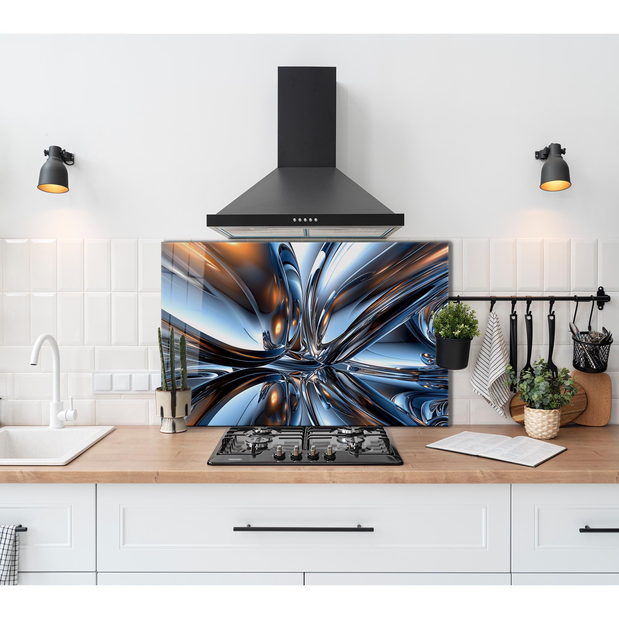 Abstract Metallic Flow Tempered Glass Wall Art - Modern Silver Blue ...