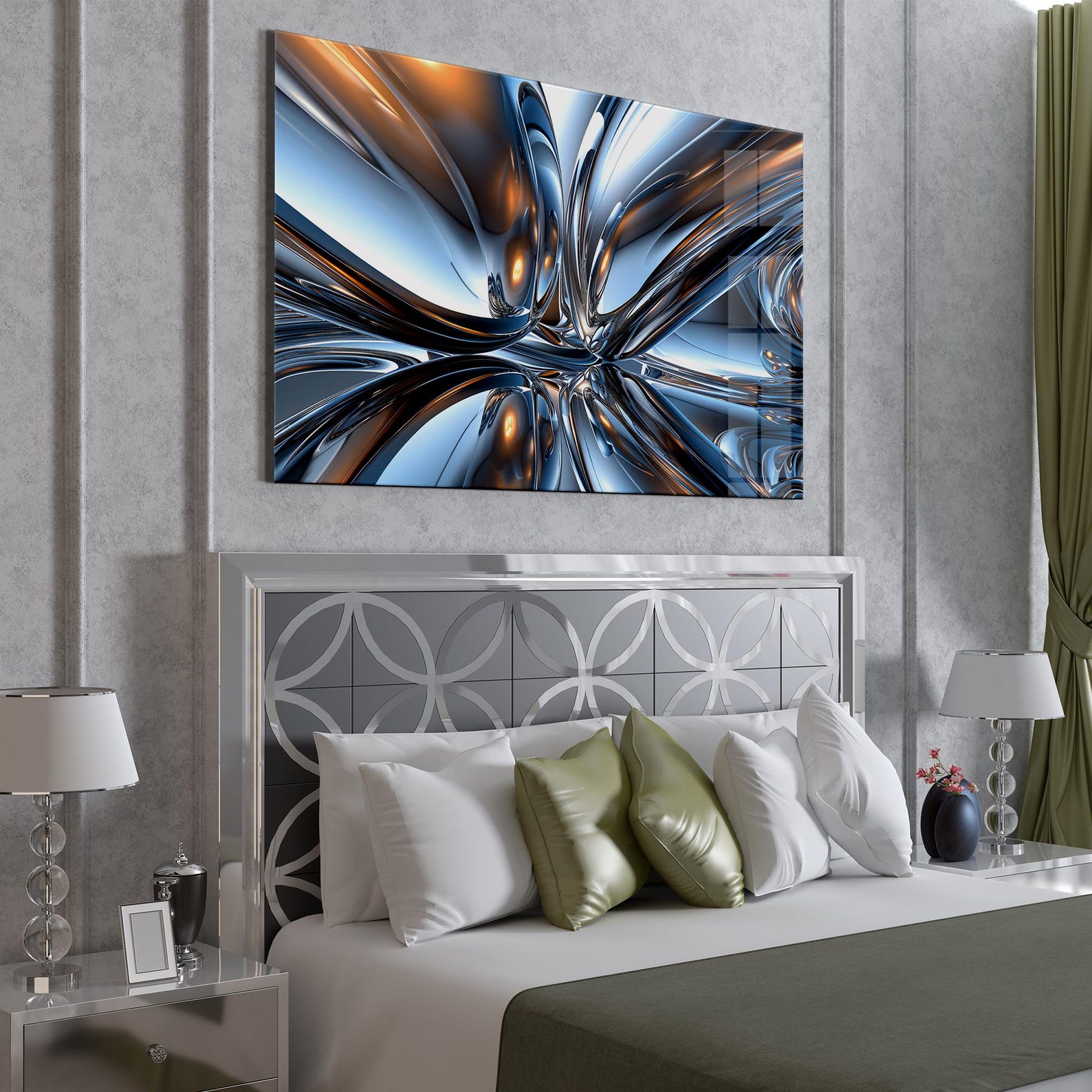Abstract Metallic Flow Tempered Glass Wall Art - Modern Silver Blue ...