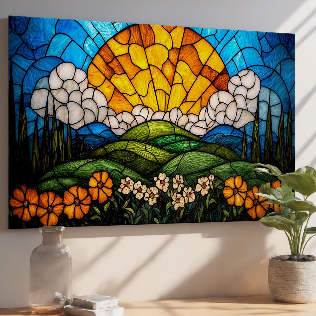 Stained Glass Style Sunrise Tempered Glass Wall Art – Panoramic Nature ...