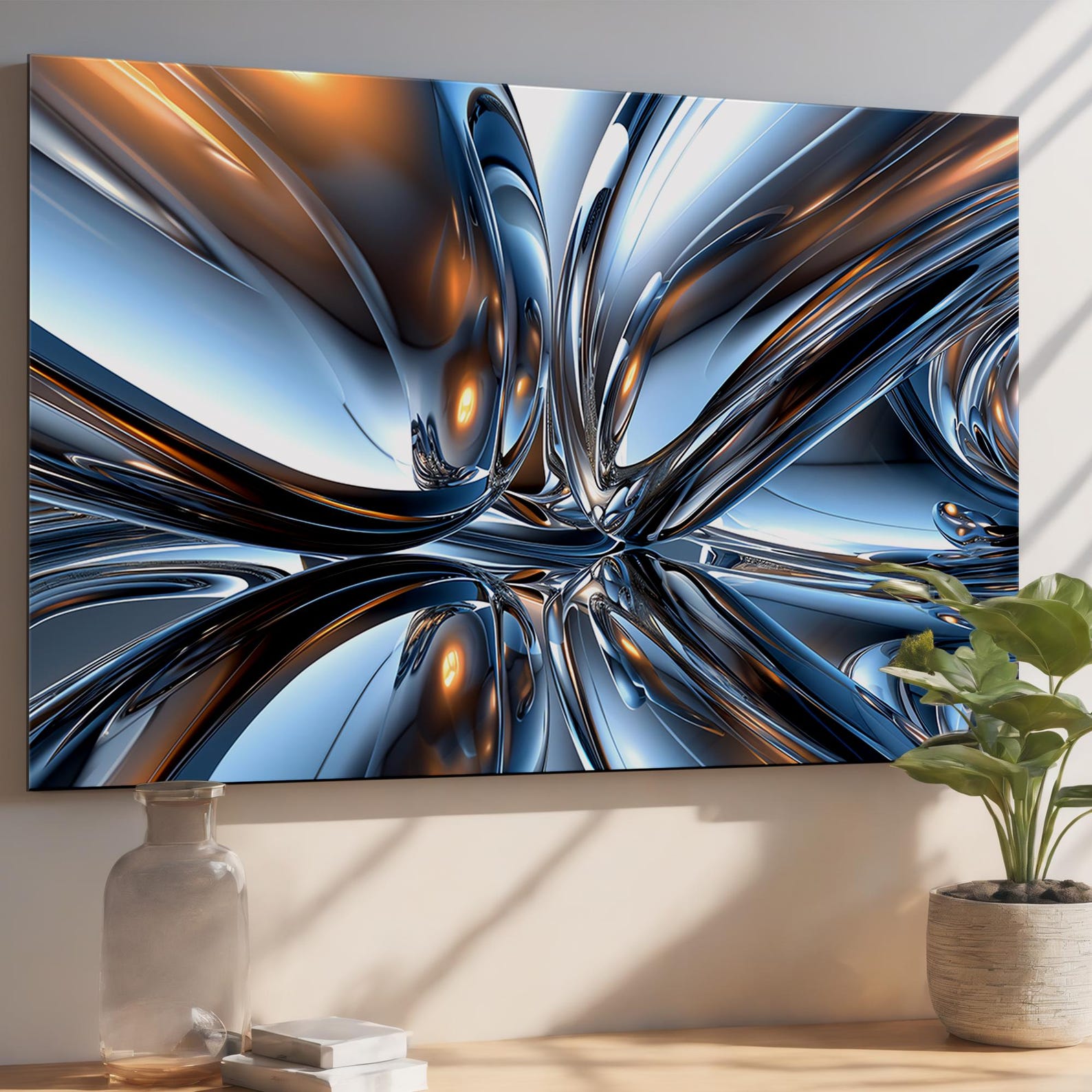 Abstract Metallic Flow Tempered Glass Wall Art - Modern Silver Blue ...