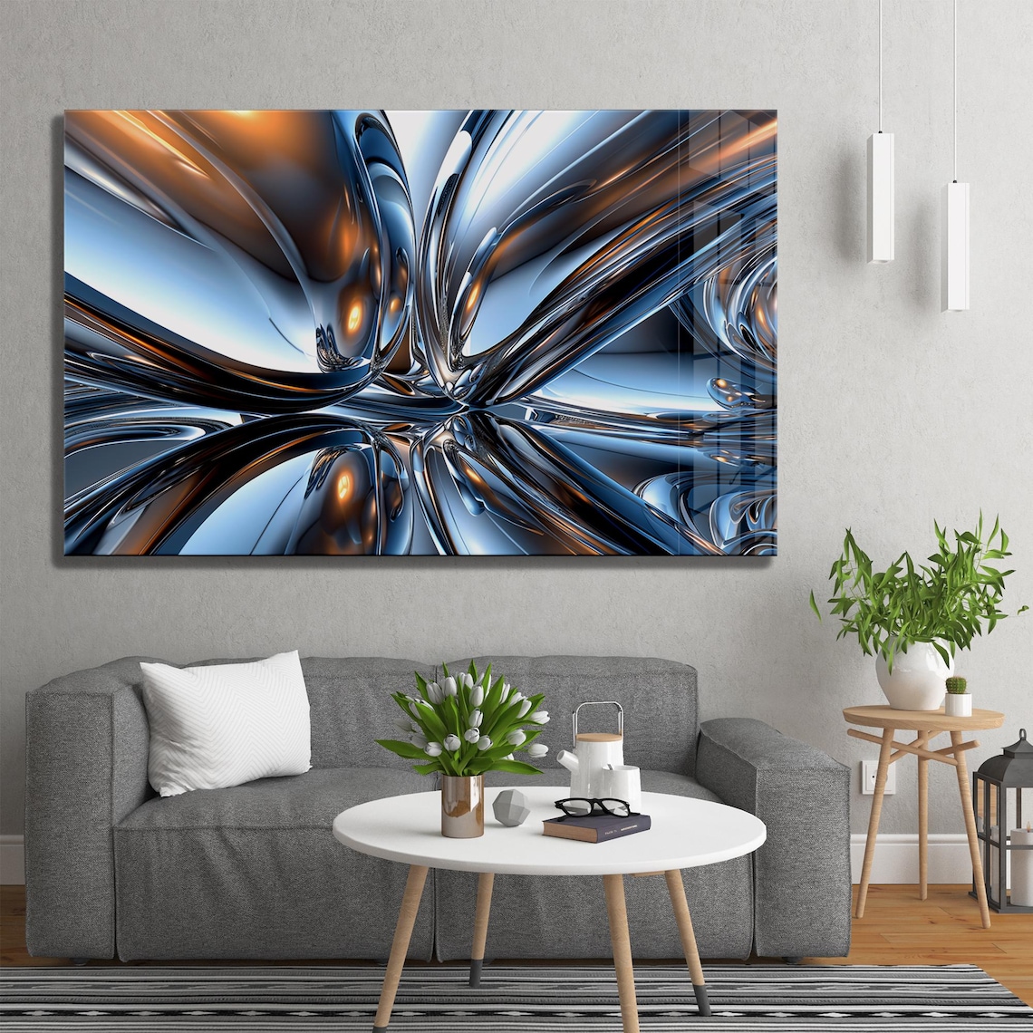 Abstract Metallic Flow Tempered Glass Wall Art - Modern Silver Blue ...