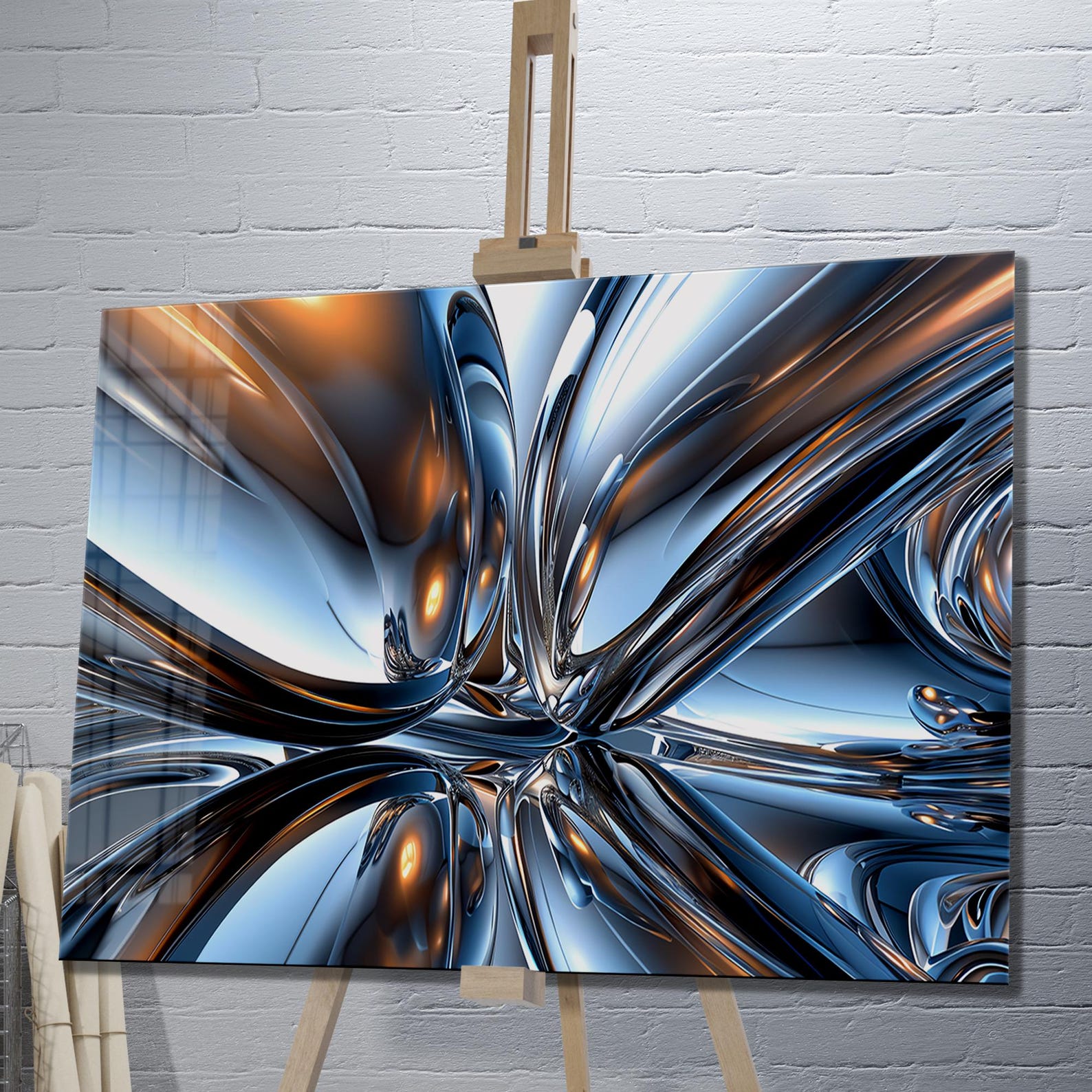 Abstract Metallic Flow Tempered Glass Wall Art - Modern Silver Blue ...