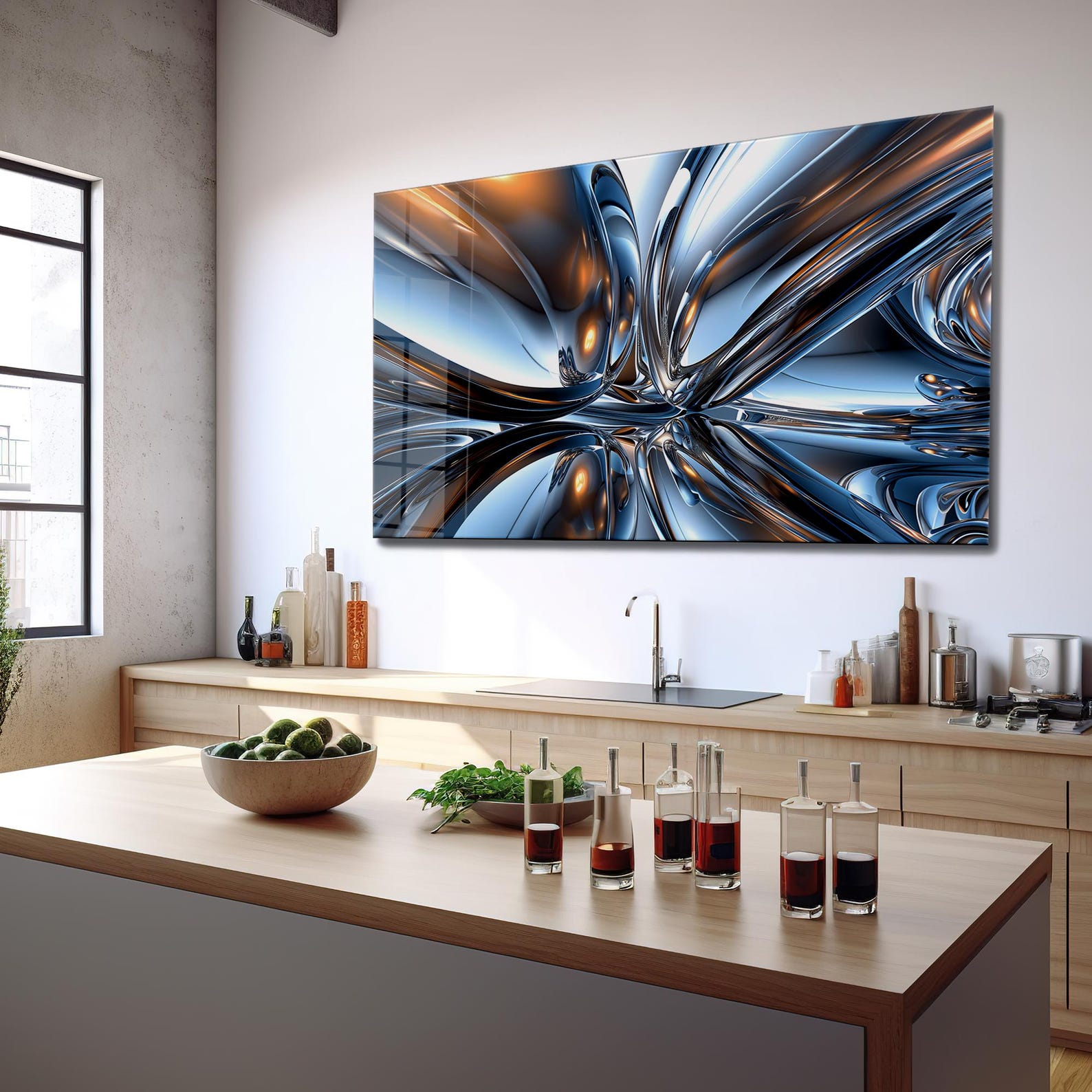 Abstract Metallic Flow Tempered Glass Wall Art - Modern Silver Blue ...