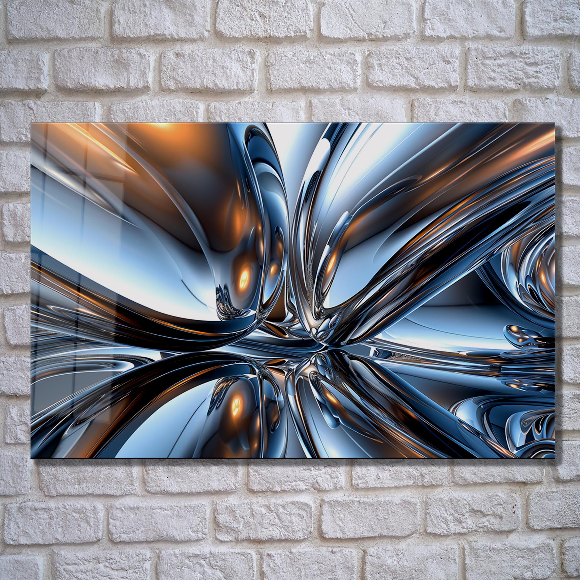 Abstract Metallic Flow Tempered Glass Wall Art - Modern Silver Blue ...