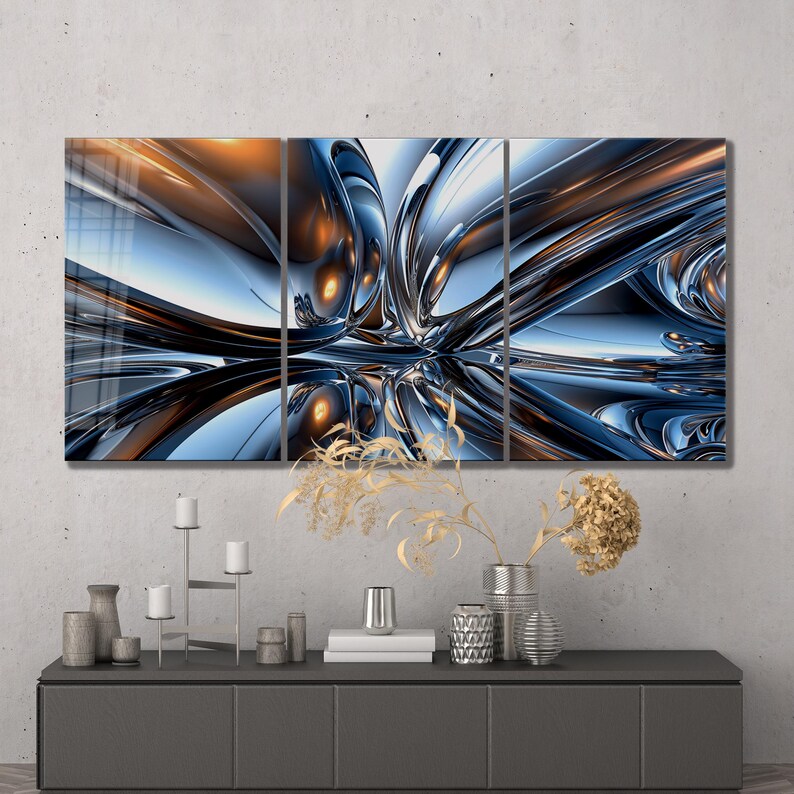 Abstract Metallic Flow Tempered Glass Wall Art - Modern Silver Blue ...