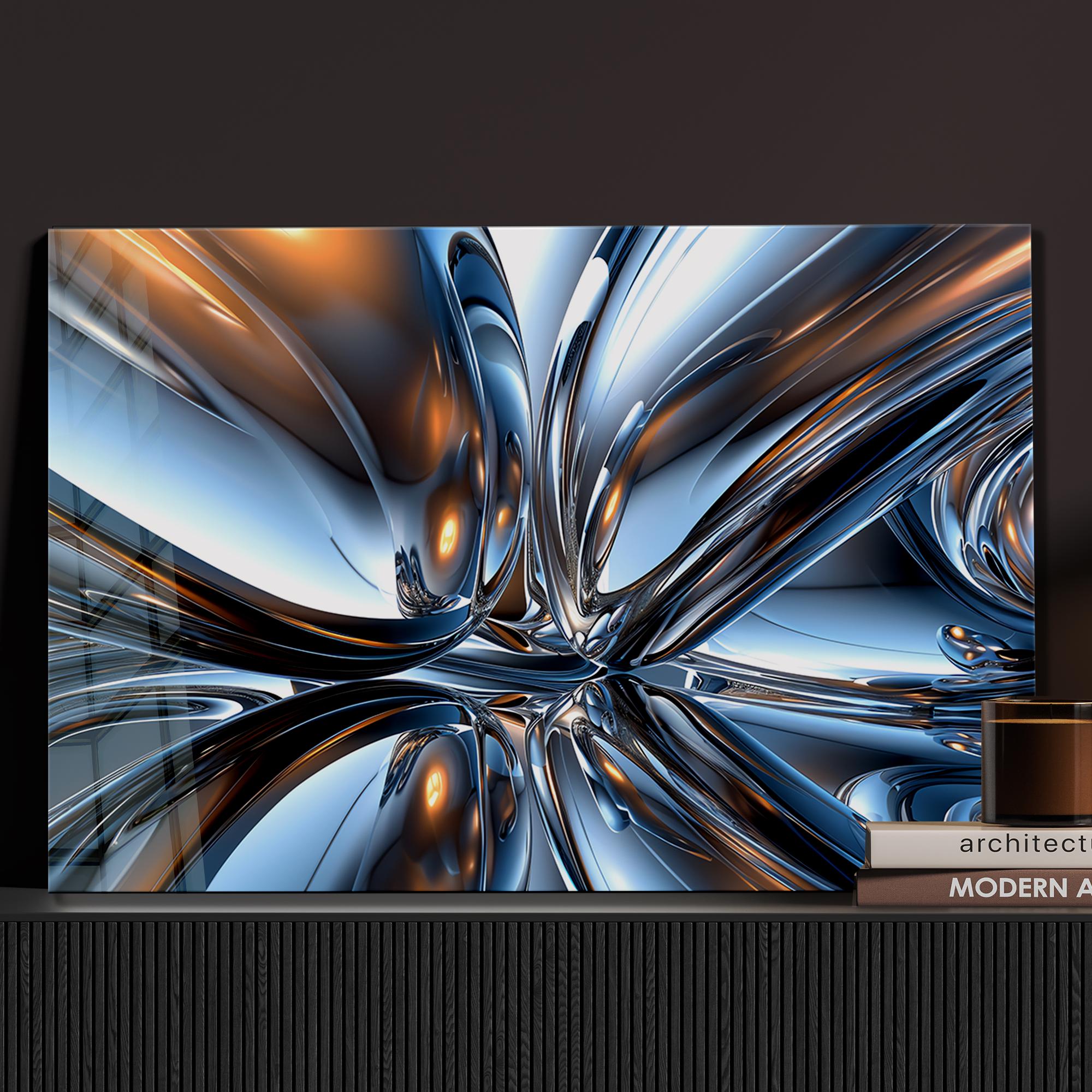 Abstract Metallic Flow Tempered Glass Wall Art - Modern Silver Blue ...