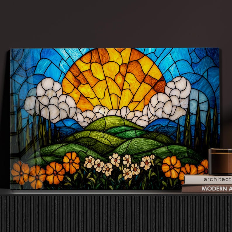 Stained Glass Style Sunrise Tempered Glass Wall Art – Panoramic Nature ...