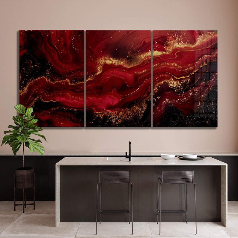 Red & Gold Abstract Tempered Glass Wall Art - Modern Fluid Art - Etsy