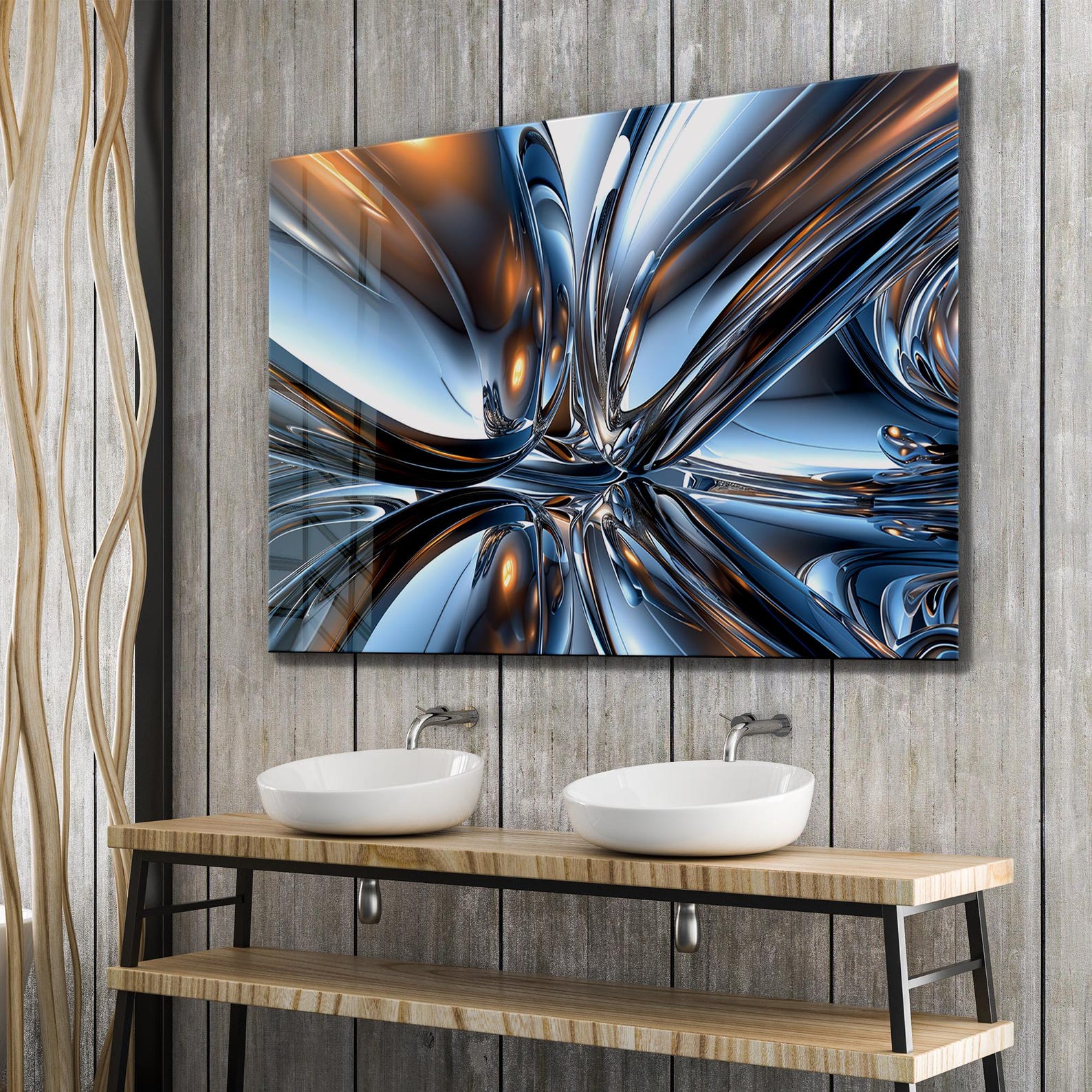 Abstract Metallic Flow Tempered Glass Wall Art - Modern Silver Blue ...
