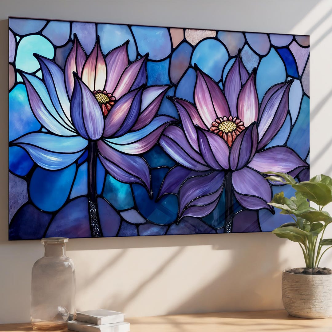 Lotus Flower Stained Glass Style Tempered Glass Wall Art - Zen Decor ...
