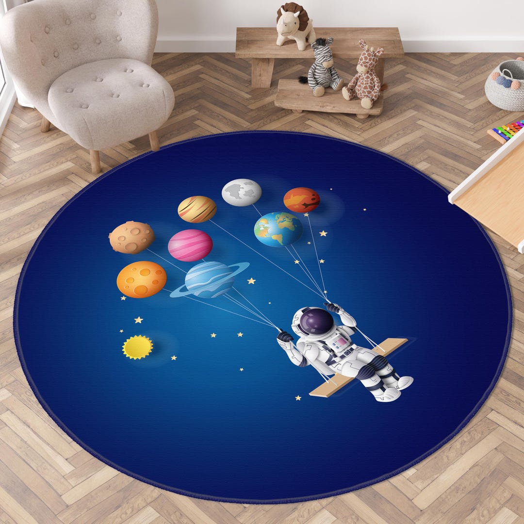 Space Themed Kids Round Rug, Astronaut Planets Patterned Carpets ...