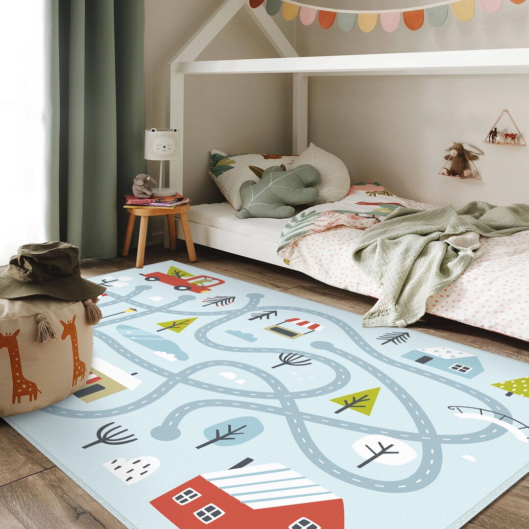 Road Nursery Rug, Car Track Kids Carpet, Educational City Map Floor Mat ...