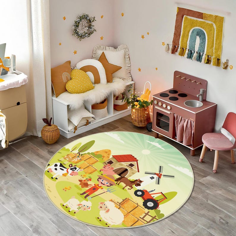 Farm House Tractor Kids Rug, Farmhouse Desing Child Carpet, Animals ...