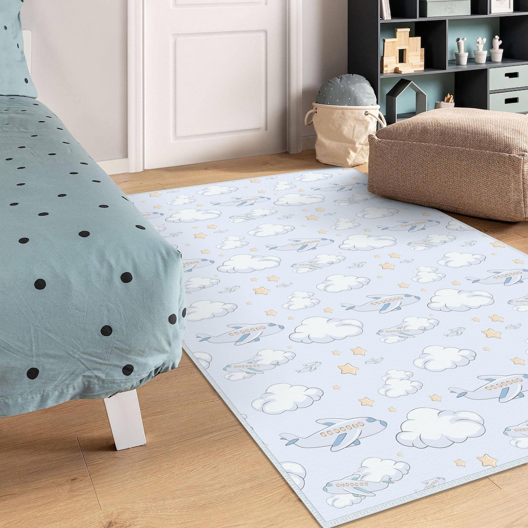 Blue Nursery Rugs, Airplane Nursery Rug, Clouds Stars Patterned Kids ...