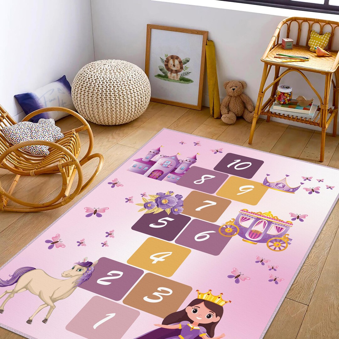 Princess Themed Hopscotch Play Mat, Pink Girls' Room Rugs, Unicorn ...