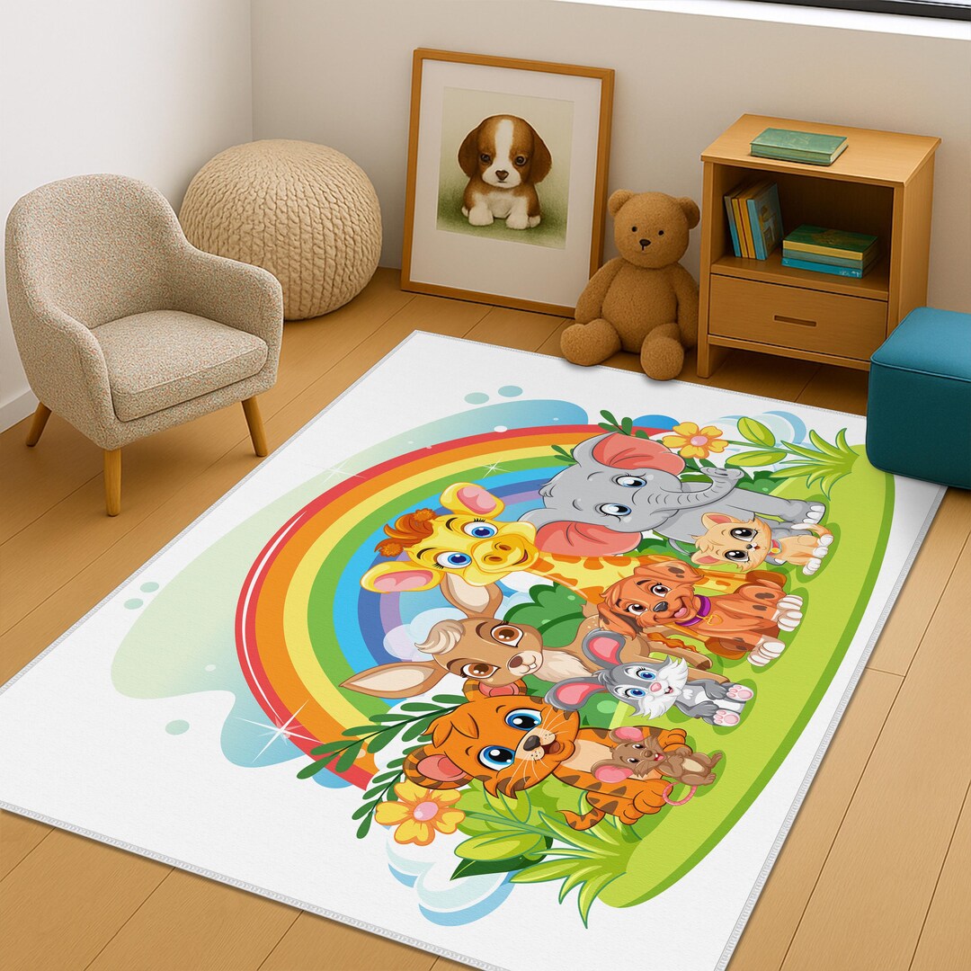 Safari Animals Nursery Rug, Animal Design Jungle Friends Playroom Mat ...