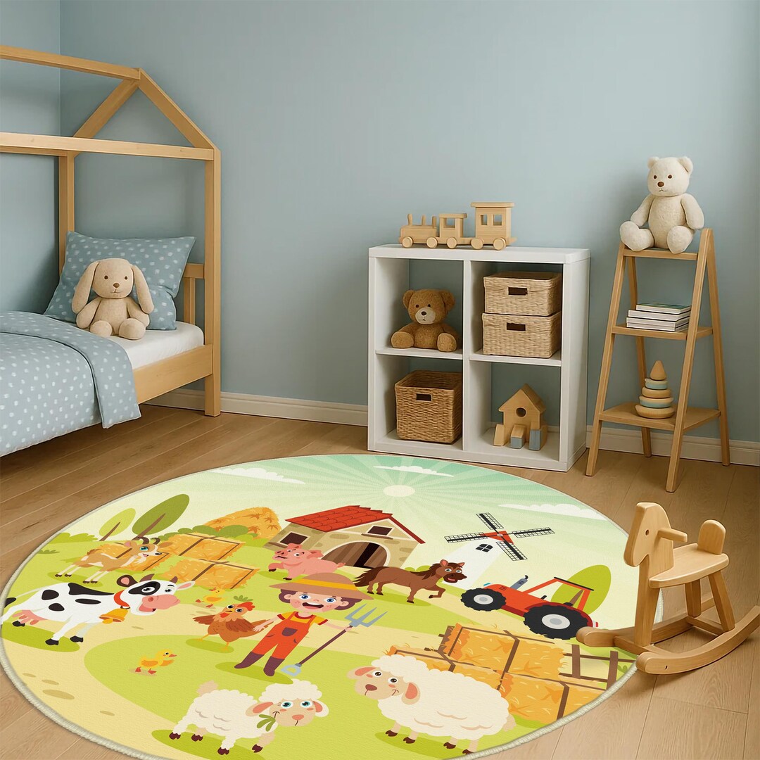 Farm House Tractor Kids Rug, Farmhouse Desing Child Carpet, Animals ...