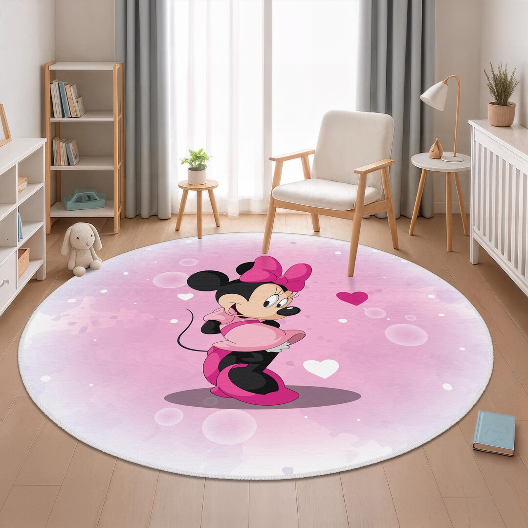 Pink Minnie Mouse Kids Round Carpet, Minnie Design Girl Room Rug, Heart ...