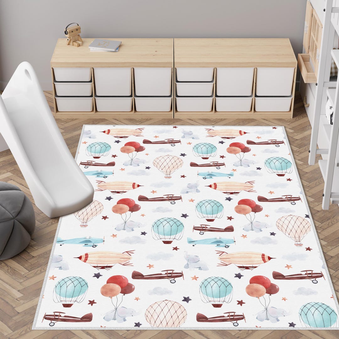 Airplane Patterned Kid's Carpet, Airplane Hot Air Balloon Kids Rug ...