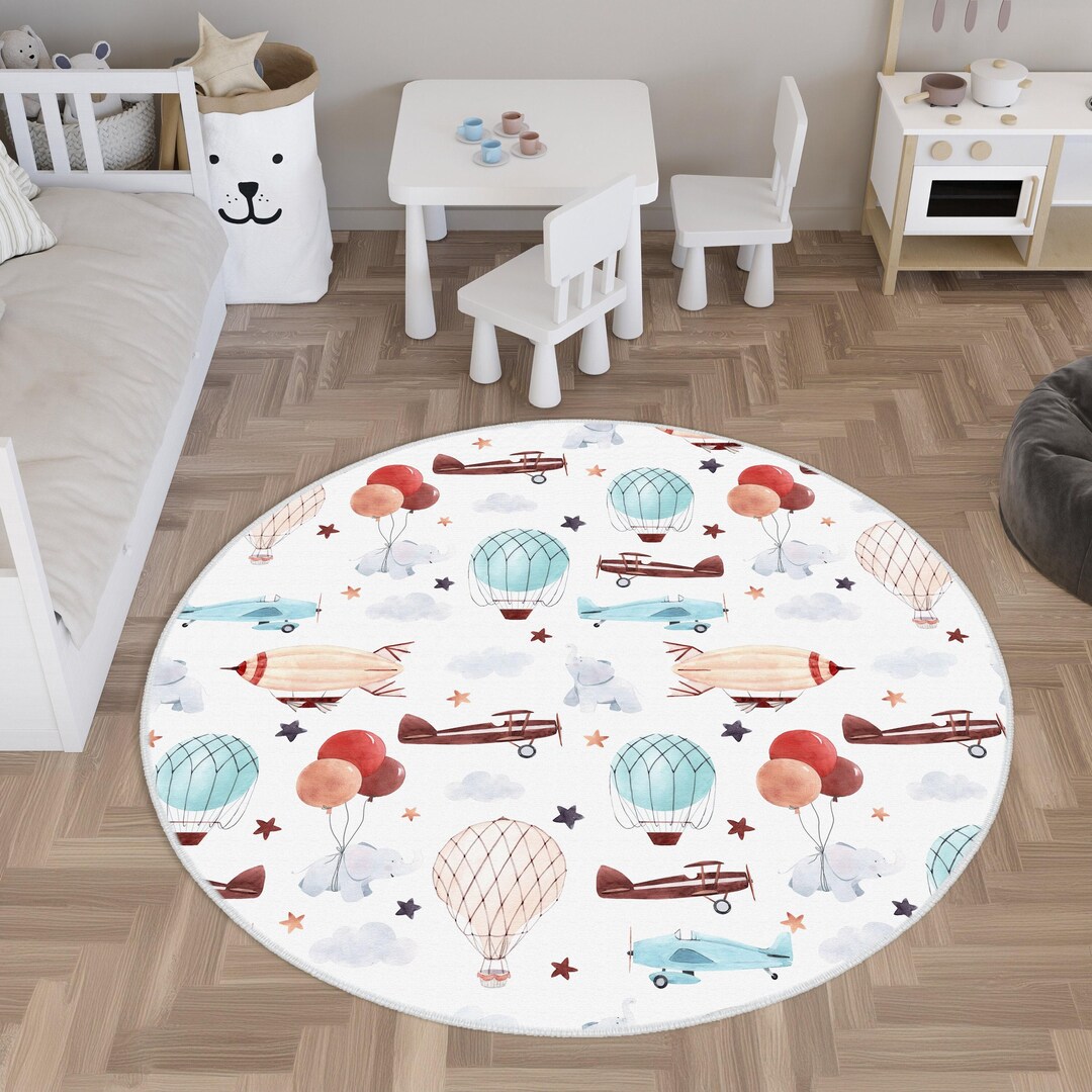 Airplane Balloon Patterned Kids Room Carpet, Round Play Mat, Pastel ...