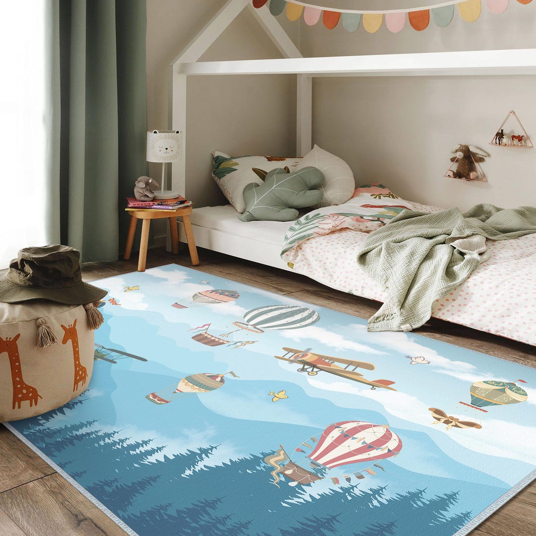 Hot Air Balloon Airplane Kids Playroom Mat, Sky Design Nursery Carpet ...