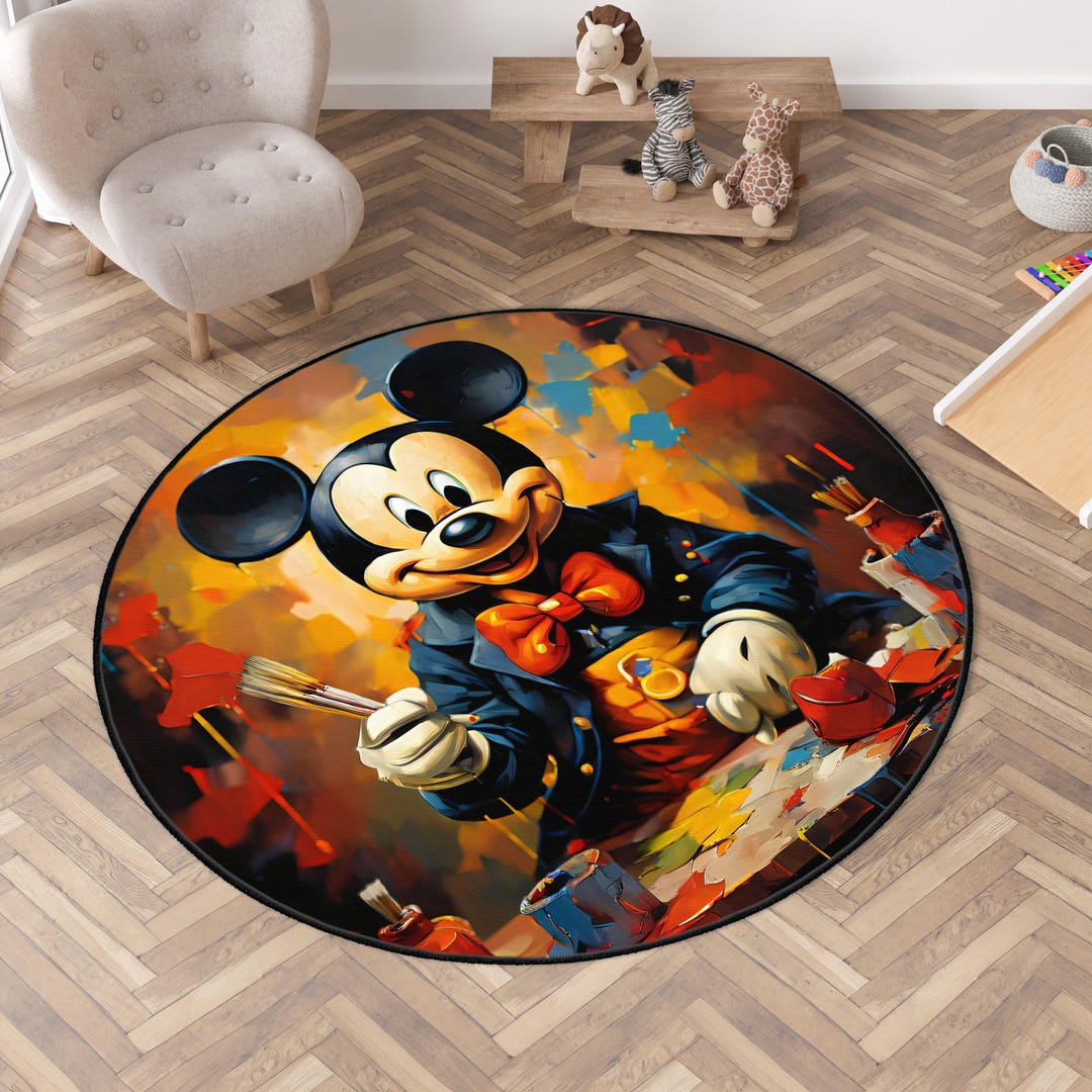 Painter Mickey Mouse Round Rug, Colorful Art Theme Kids Room Carpet ...