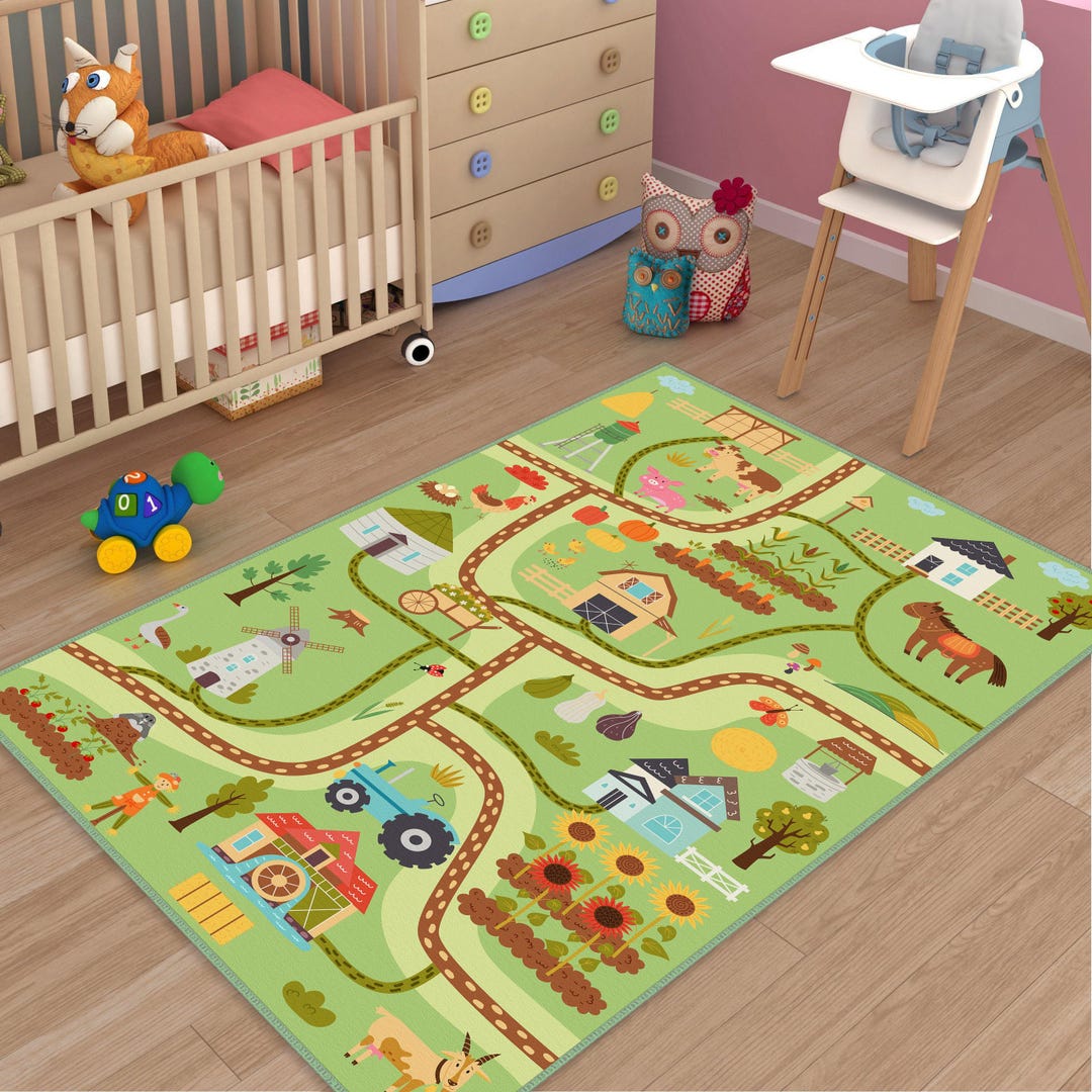 Farm Themed Play Mat, Tractor Animal Desing Kids Room Rug, Farmhouse ...