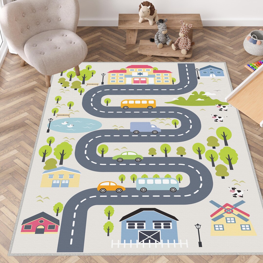 Road Map Design Kids Rug, Colorful City Playroom Mat, Traffic Car Kids ...