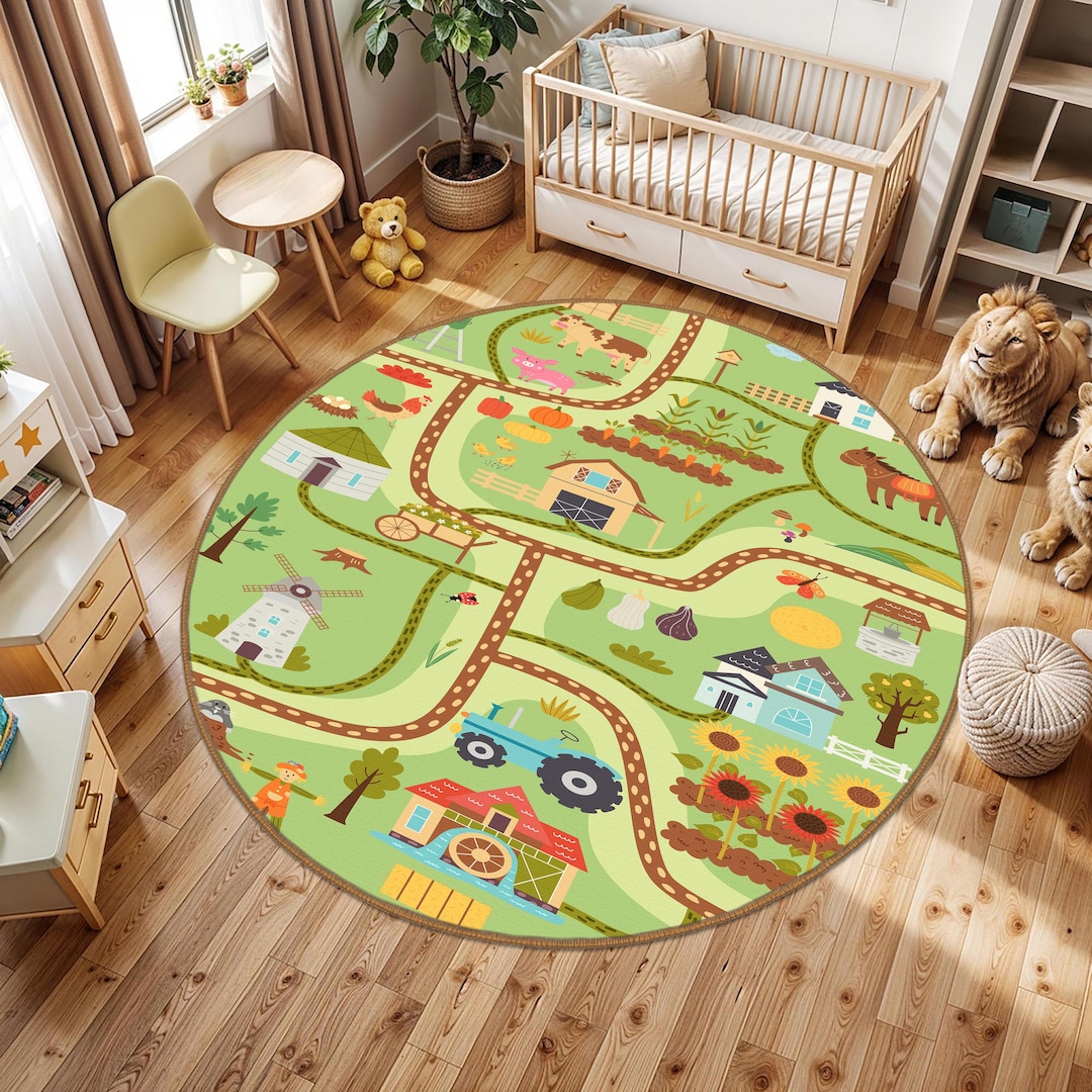 Farmhouse Playroom Mat, Farm Design Kids Carpets, Farmhouse Patterned ...