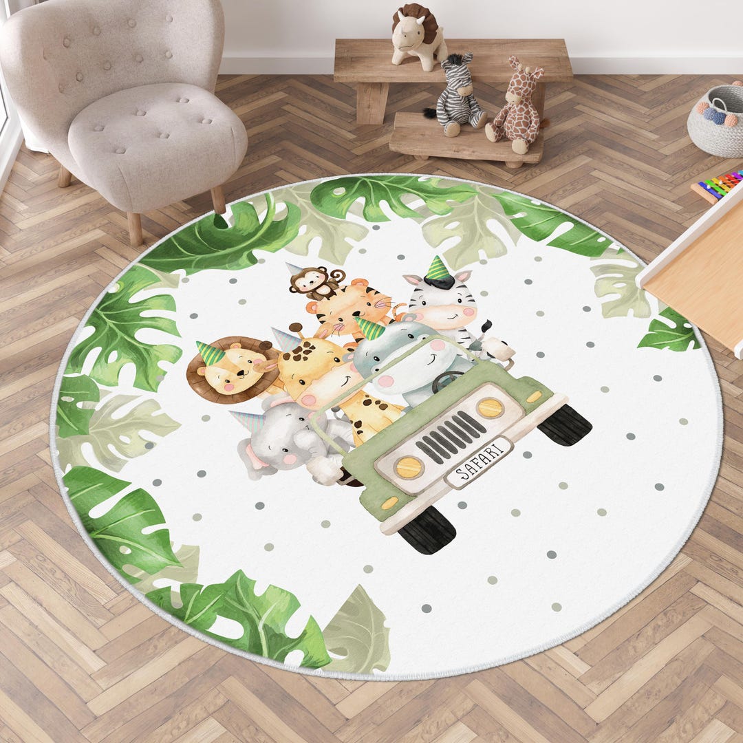 Safari Themed Round Play Mat, Animal Desing Kids Room Rug, Lion ...