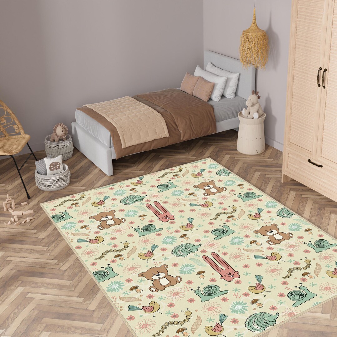 Animals Design Kids Rug, Bear Bunny Hedgehog Snail Patterned Nursery ...