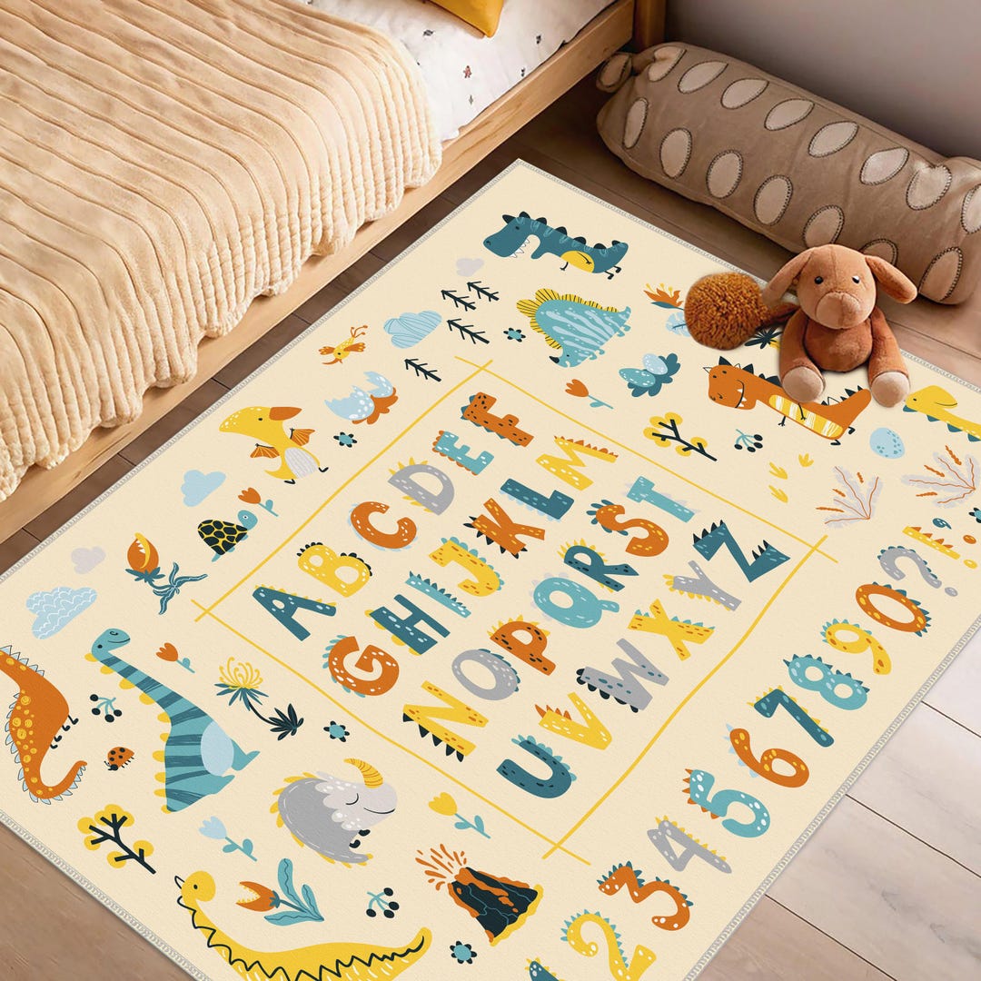 Educational Dino Alphabet Rug, Kids Learning Carpet, Abcd Playroom Mat ...