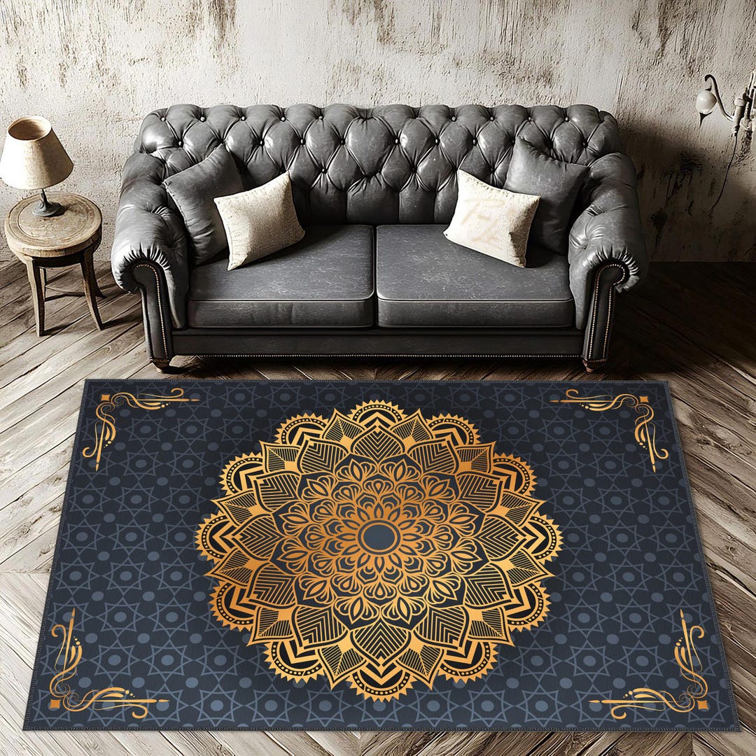 Gold Mandala Design Rugs, Mandala Area Rug, Gold Navy Blue Oriental ...