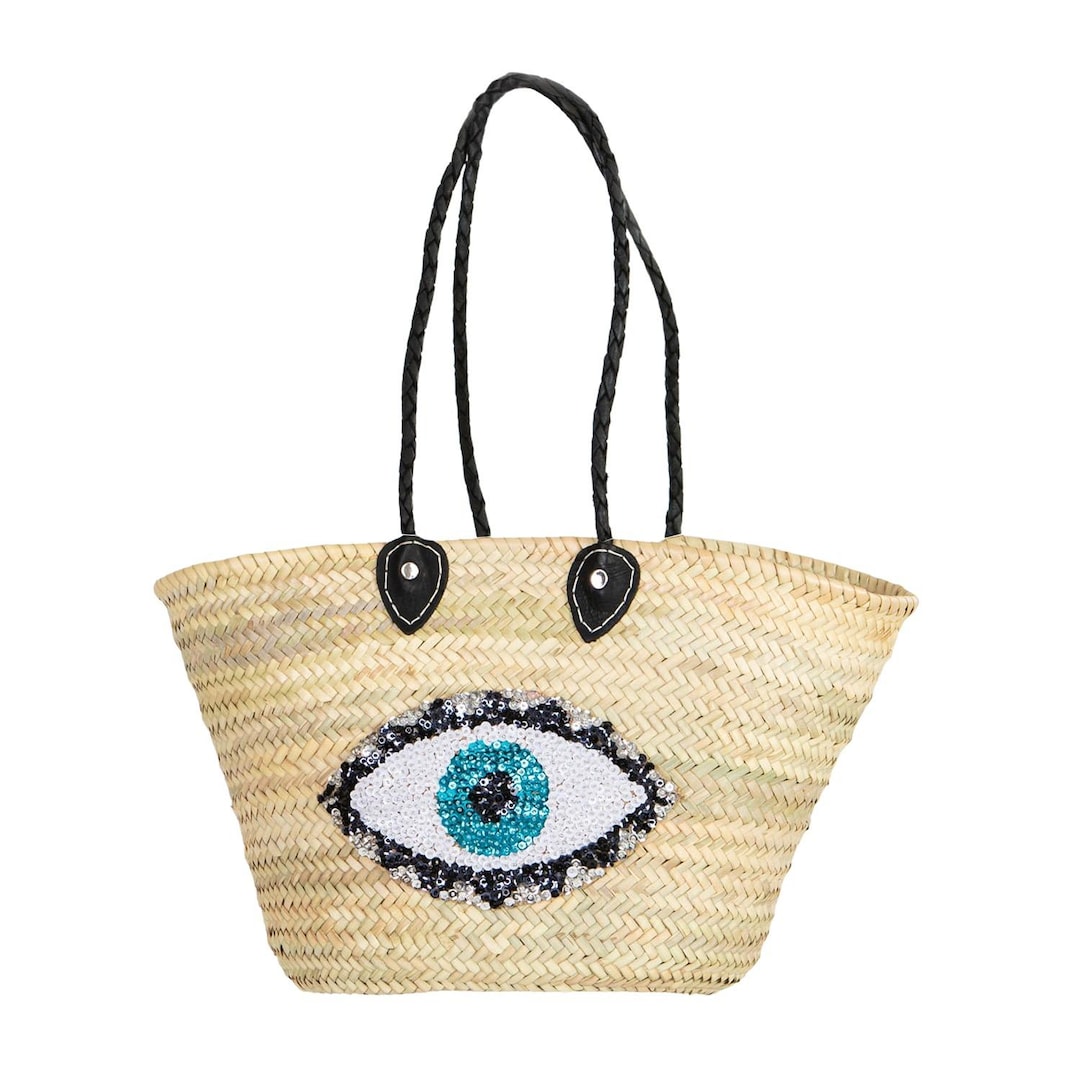 Raffia Embroidered Motif Shopper Bag With Long Leather Handles ...