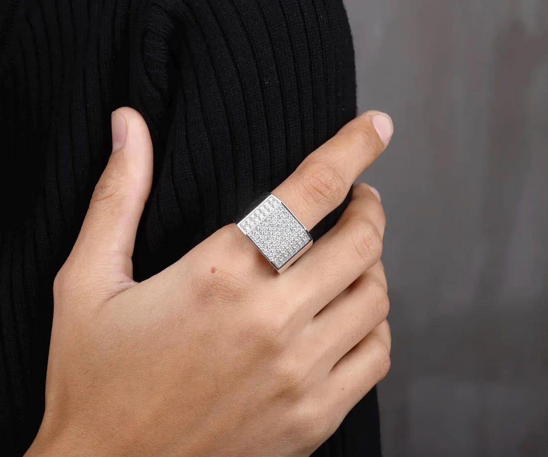 Round Cut Moissanite Ring, Solid Silver Men's Engagement, New Year Gift ...