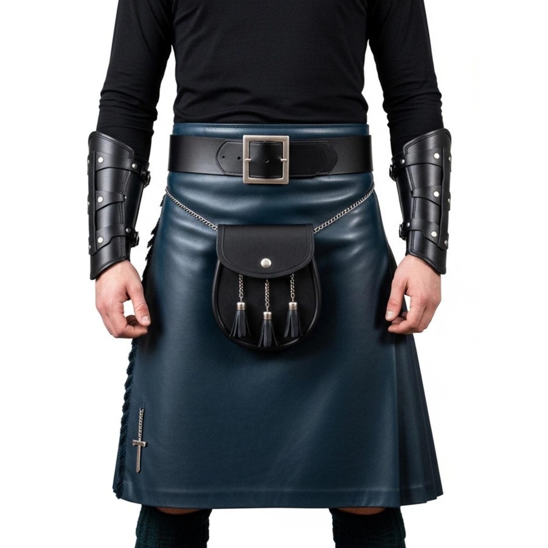Handmade Genuine Blue Leather Kilt With Sporran – Pleated Scottish ...