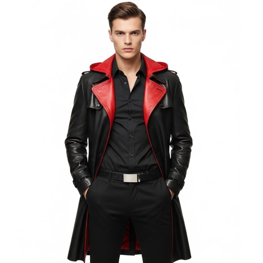 Mens Black Genuine Leather Trench Coat With Red Hood – Handmade Gothic ...