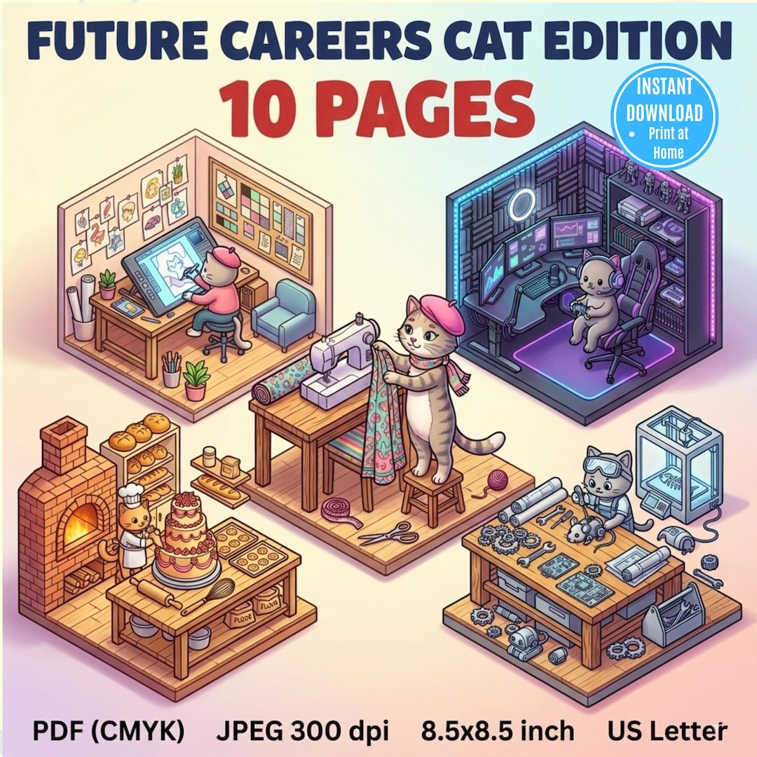 10 Isometric Cat Coloring Pages: Modern Jobs & Kawaii Professions for ...
