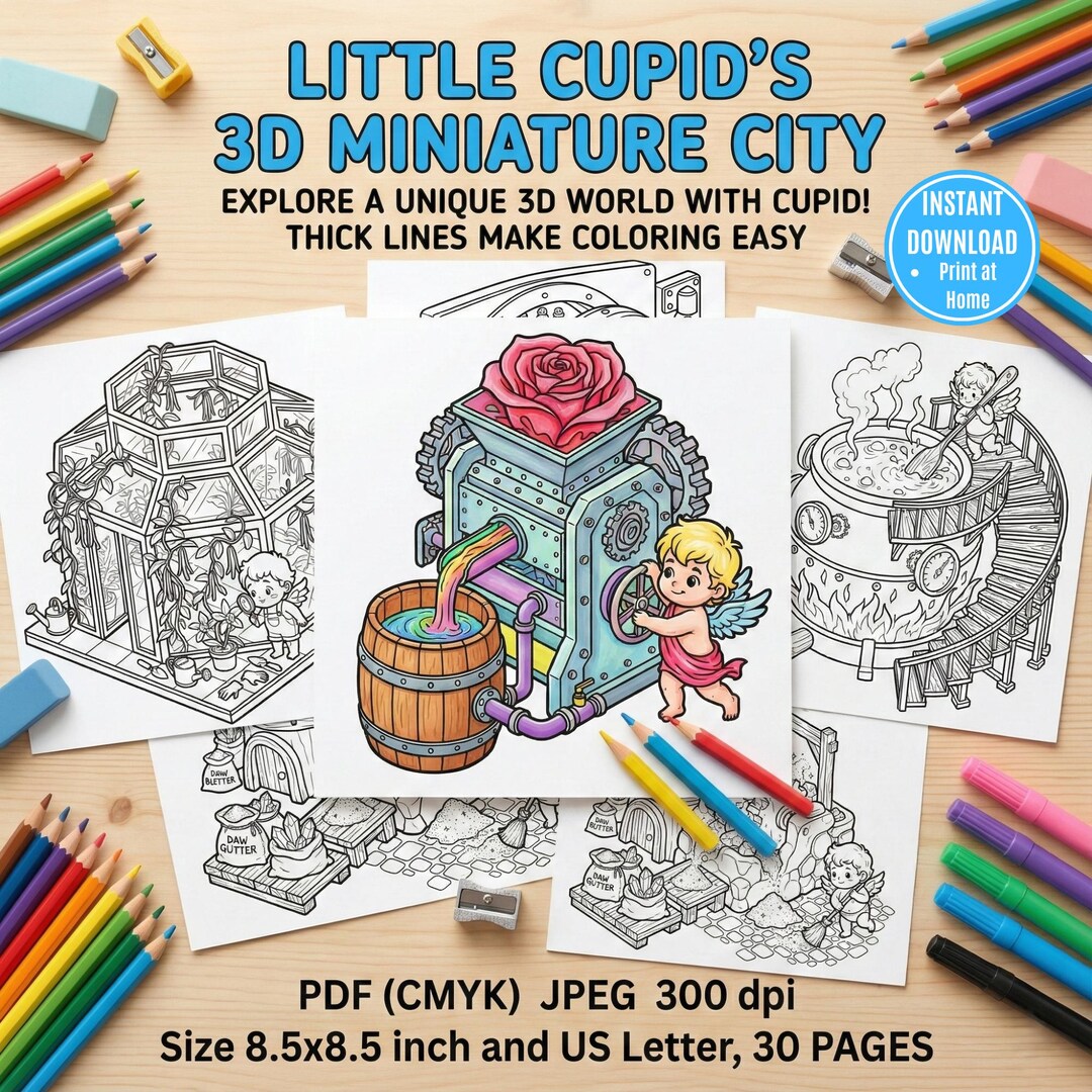 Little Cupid's 3D Miniature City Coloring Page, Isometric Chibi ...